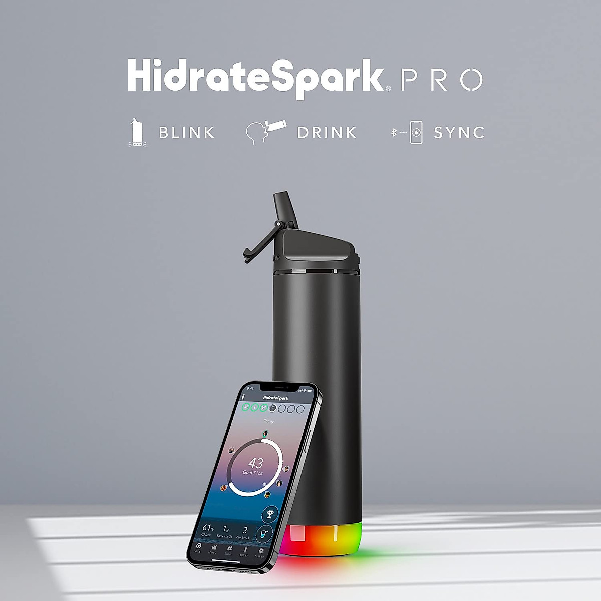 Hidrate Spark PRO Smart Water Bottle – Tracks Water Intake with Bluetooth, LED Glow Reminder When You Need to Drink – Straw Lid, 21oz, Black