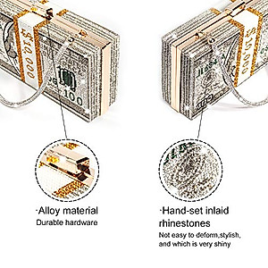 2 Pieces Set Rhinestone US Dollar Money Purse Party Evening Handbags Wedding Dinner Bag, Stack of Cash Clutch Purses,with Crystal Headbands (Grey)