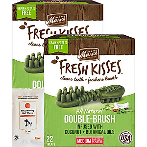 Aurora Pet Bundle Pack (2) Merrick Fresh Kisses Double-Brush Coconut + Botanical Oils Infused Medium Dental Dog Treats Grooming Wipes