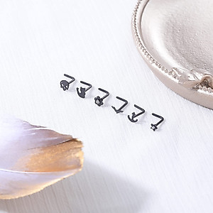 ZS 20G Black Nose Rings Nostril Studs for Women, 15Pcs Surgical Steel Nose Studs Ring L-Shaped, Halloween Bat Skull Corkscrew Nose Piercing Jewelry (L Shaped(Stud))