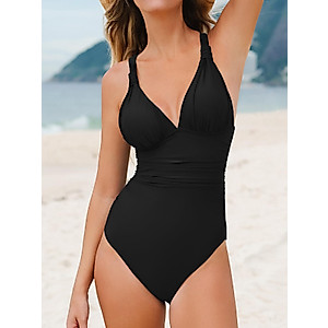 CUPSHE Women One Piece Swimsuit Deep V Neck Tummy Control Ruched V Back Classic Bathing Suits S Black