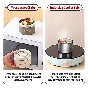 VANDHOME Thermal Bento Lunch Box Set, Portable Insulated Lunch Container For Adults Kids School Work, Stainless Steel Keep Warm Food Container With Bag, Induction Cooker & Microwave Safe (Beige 34oz)