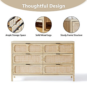 QEIUZON 6 Drawer Dresser, Modern Rattan Dresser Chest with Wide Drawers and Metal Handles, Farmhouse Wood Storage Chest of Drawers for Bedroom, Living Room, Hallway, Entryway (Natural-6 Drawers)