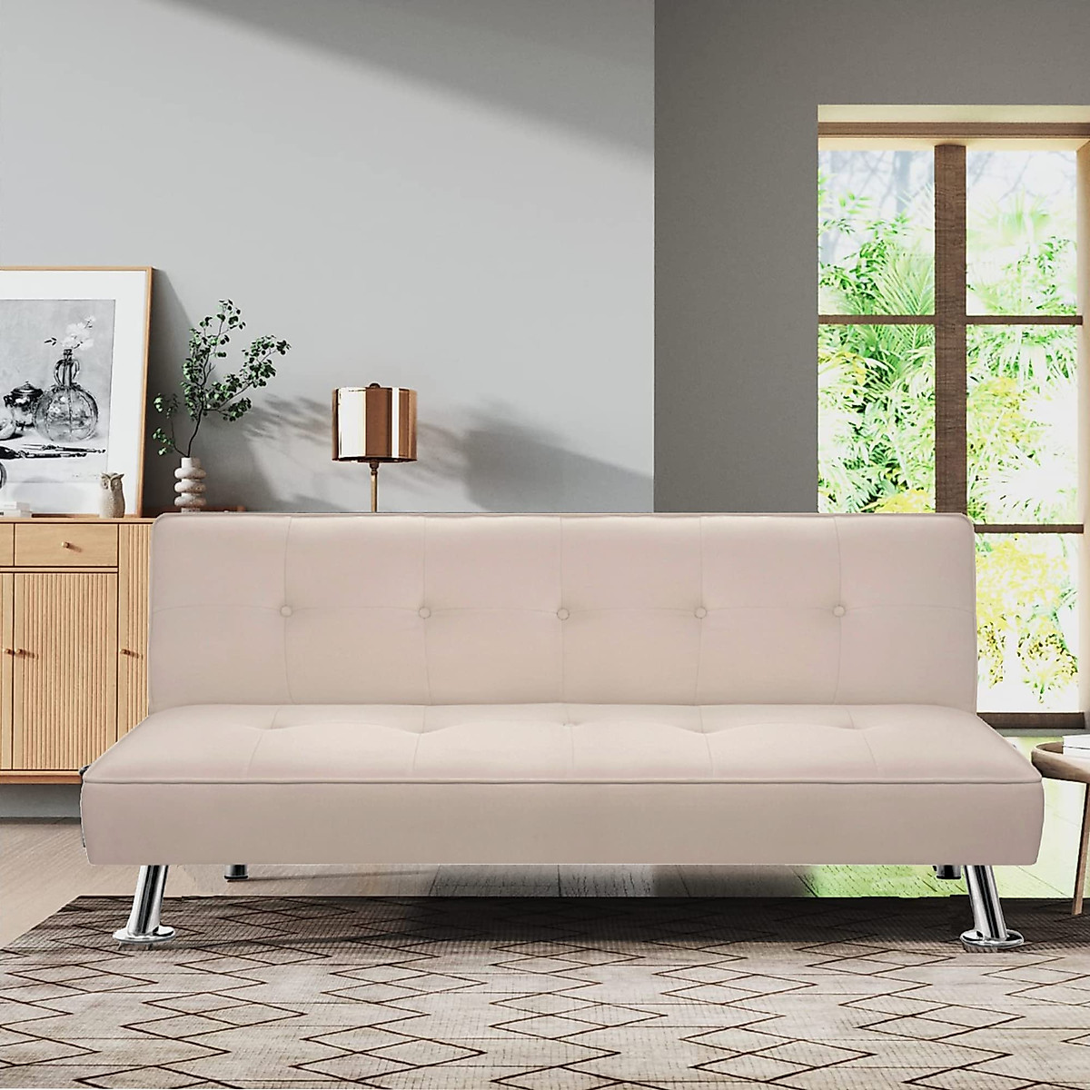 GUNJI Futon Sofa Bed Modern Collection Convertible Fabric Sofa Futon Couch Bed Folding Recliner for Living Room (Beige)