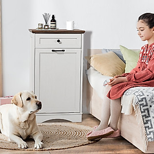 Spurgehom 13 Gallon Tilt Out Trash Cabinet Kitchen Waste Bins, Laundry Hamper Tilt Out Pet Proof Hidden Trash Bin for Kitchen Living Room, Antique White