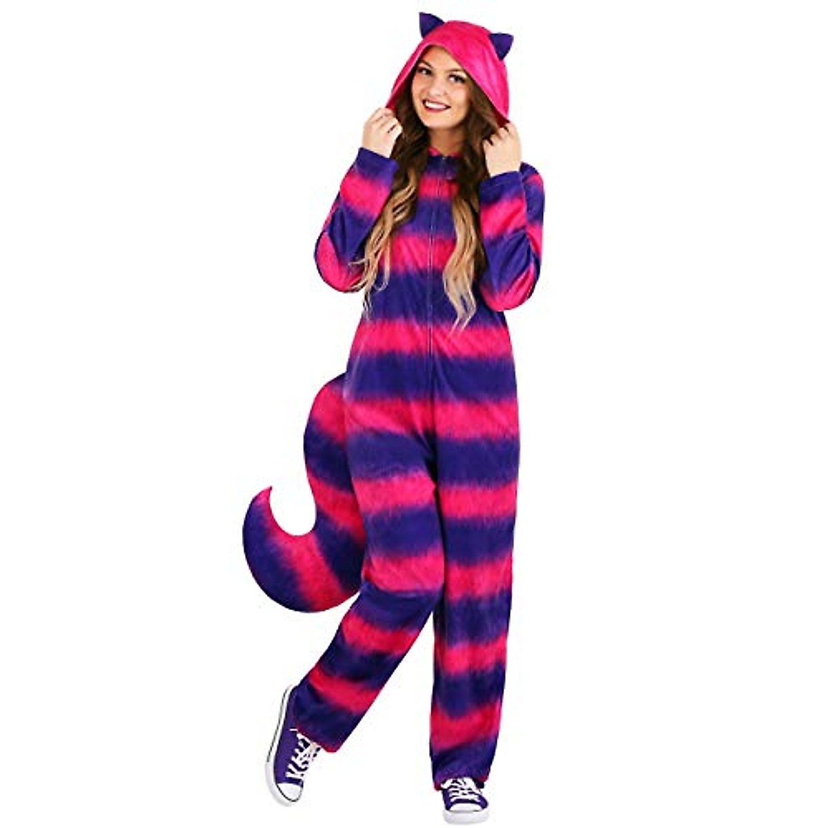 Adult Cheshire Cat One-Piece Womens, Mysterious Grinning Cat Halloween Costume, Purple and Pink Animal Bodysuit Medium