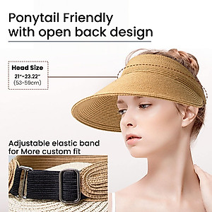 Roniky Women Straw Sun Visor Hat Wide Brim Summer UV Protection Ponytail Visor Beach Cap Foldable Packable UPF 50+ Khaki