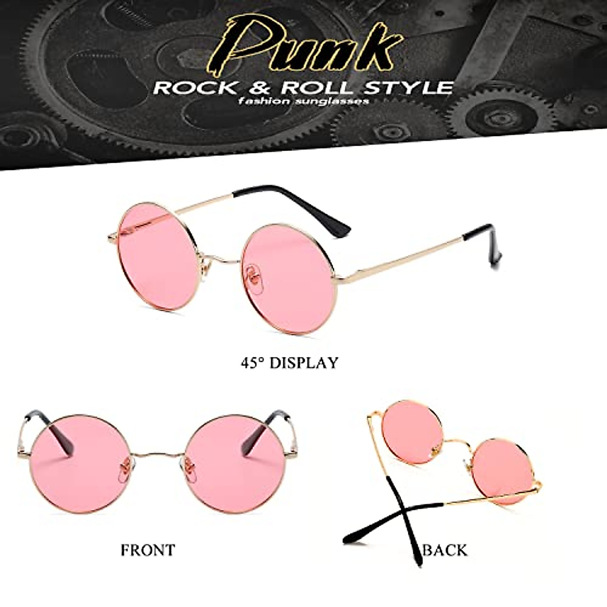 HJSTES Round Polarized Sunglasses Womens Men Retro Circle Lennon Glasses Hippie Shades(Gold/Pink)