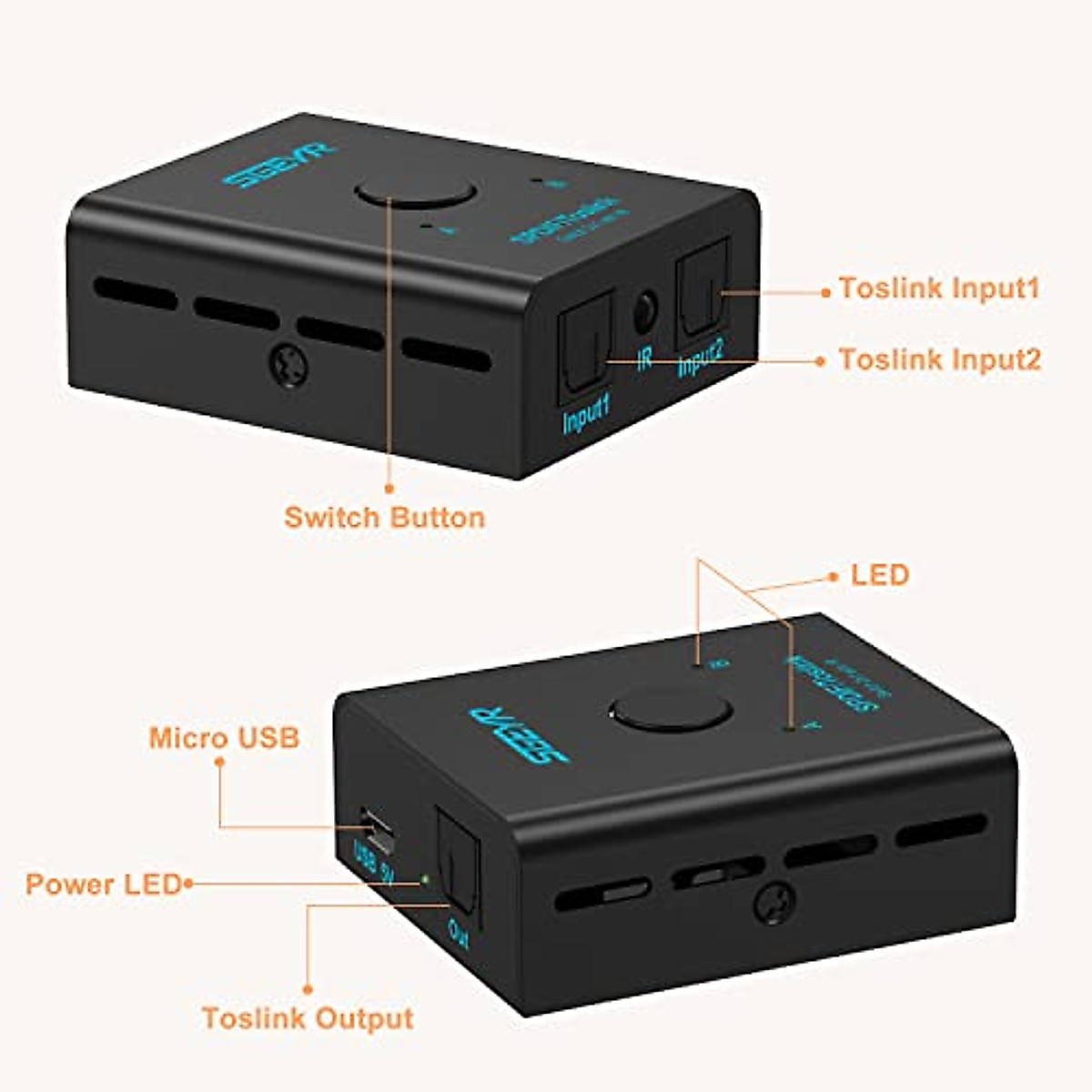 Digital Audio Optical Audio Switch 2 in 1 Out, SGEYR Digital Optical Audio Splitter SPDIF Toslink Switch Optical Switcher with IR Remote Control & Optical Cable for PS3 Xbox Blue-Ray HDTV