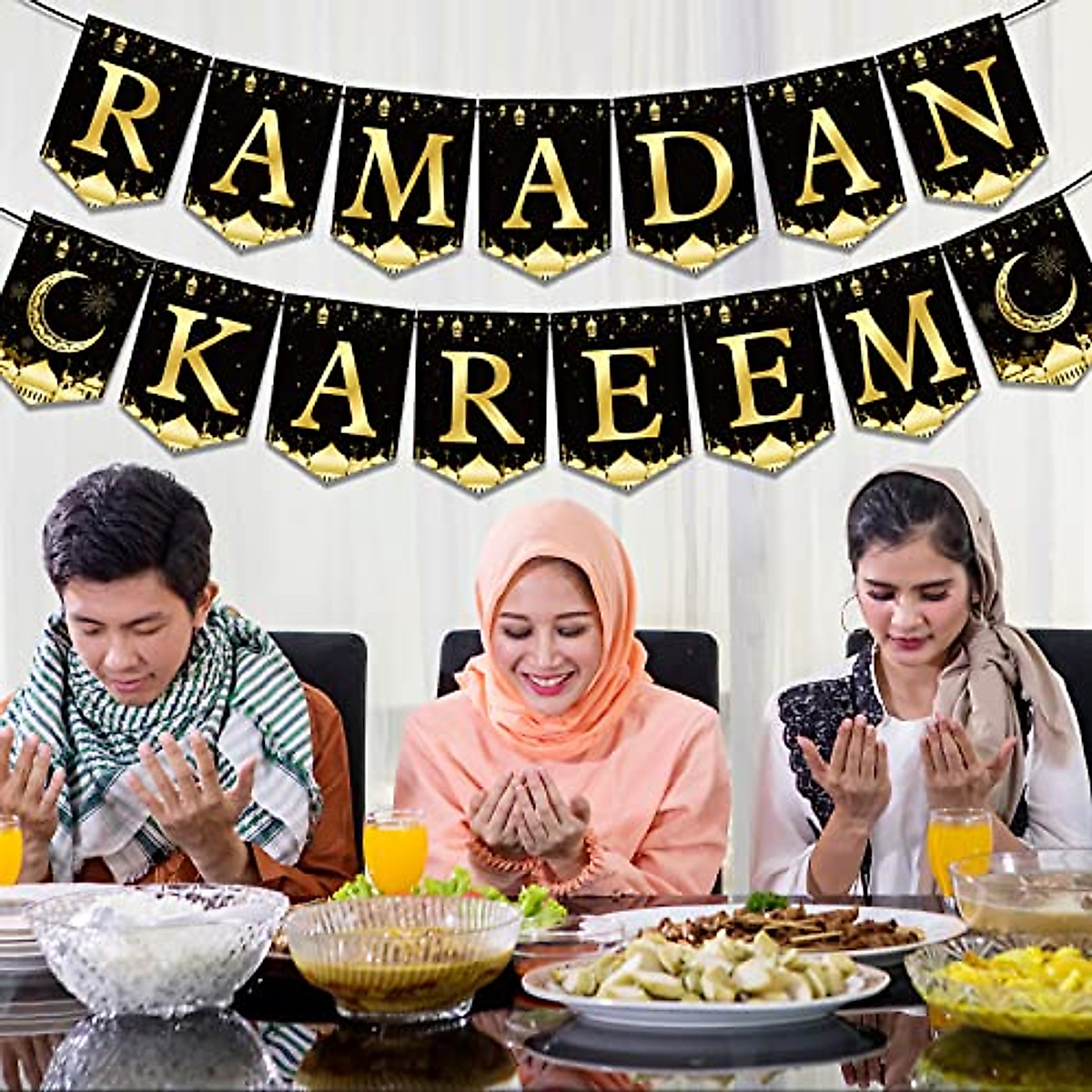 Ramadan Mubarak Banner Party Decorations Black Gold Moon Lantern Hanging Bunting Ramadan Kareem Hanging Banner Party Supply for Home Wall Window Door Fireplace Mantle Ramadan EID Party Favor