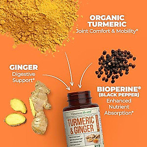 Tumeric and Ginger with Black Pepper - Natural Turmeric Curcumin Joint Support Supplement with Bioperine & 95% Curcuminoids. High Absorption Curcumin Supplements. Digestive & Immune Support. 60 Caps