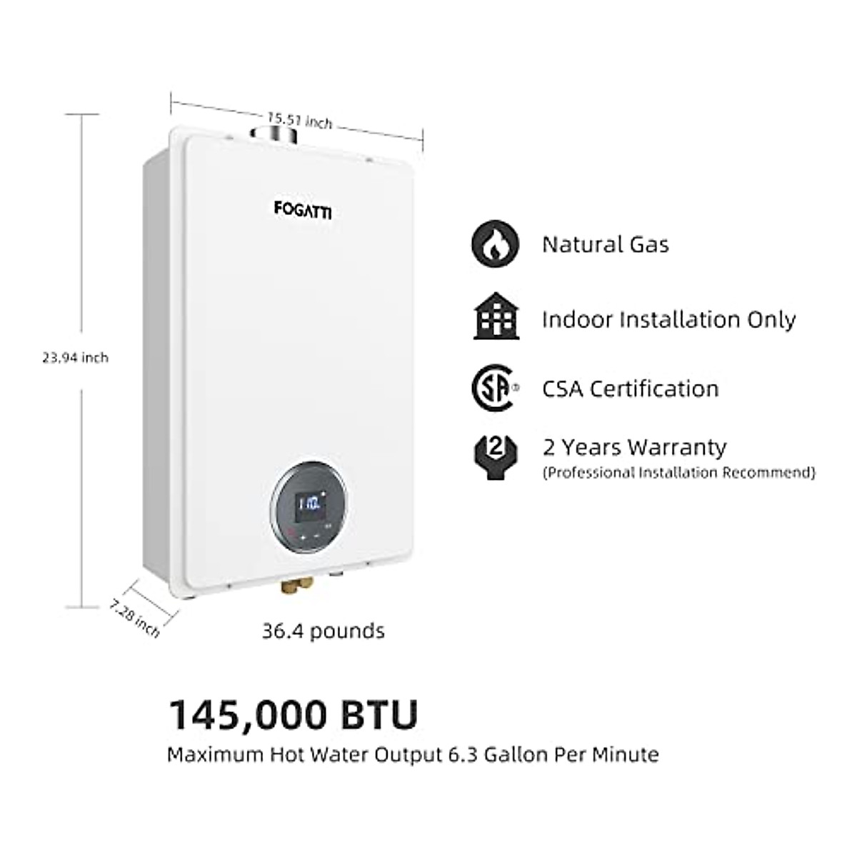 FOGATTI Natural Gas Tankless Water Heater, Indoor 6.3 GPM, 145,000 BTU White Instant Hot Water Heater, InstaGas Comfort 145 Series