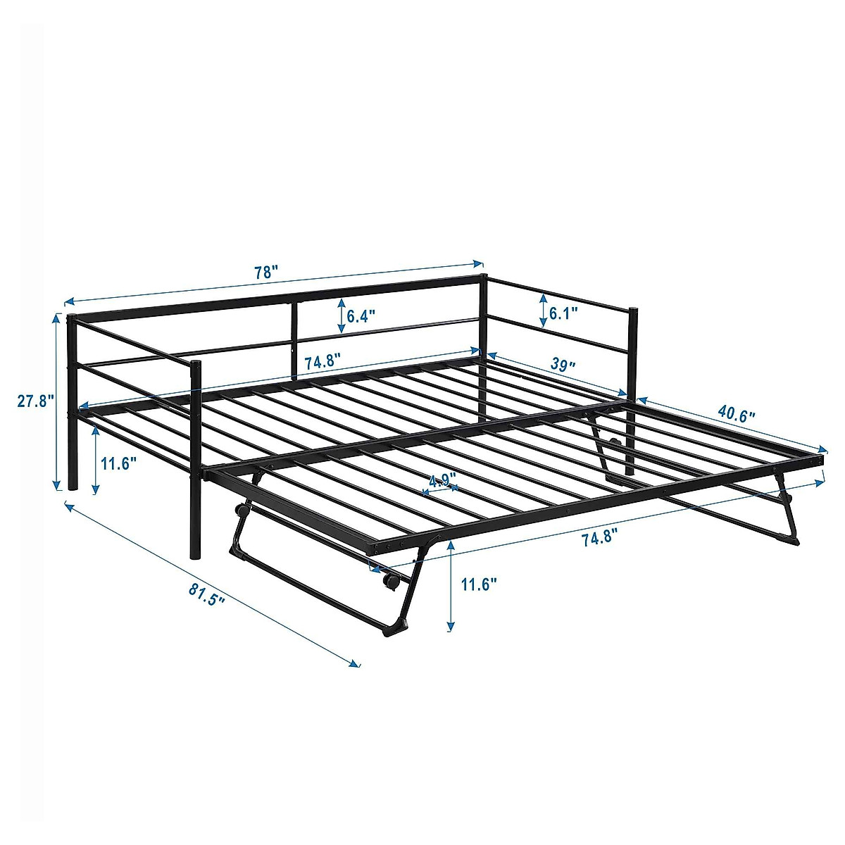 ATY Twin Size Daybed with Adjustable Pop Up Trundle, Sturdy Metal Bedframe w/Safety Guardrail, Perfect for Dorm,Guest Room, Bedroom, Easy Assemble, Black