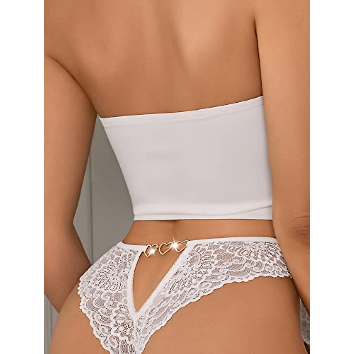 SweatyRocks Women's Lingerie Floral Lace Sheer Mesh Cut Out Thong Panties Underwear Plain White L