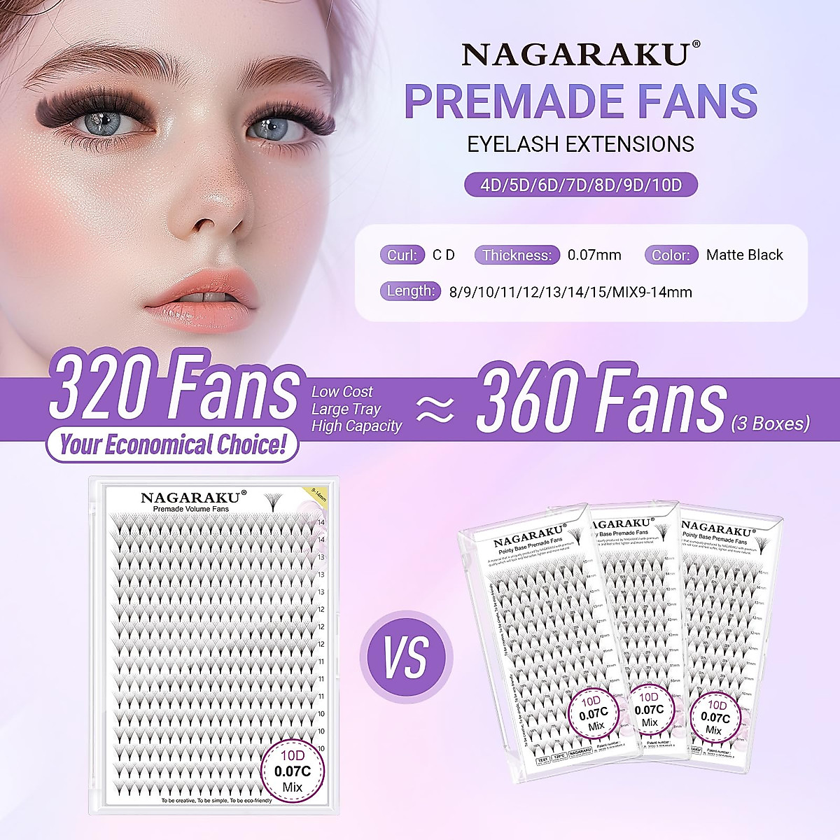 NAGARAKU Premade Fans Eyelash Extensions 320 Fans 6D Volume 0.07mm D curl 9-14mm Mix Tray Sharp Narrow Stem Clusters Thin Pointy Base Russian Pre Fanned Fluffy Matte Black