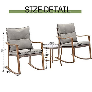 HOMPUS 3-Piece Outdoor Rocking Chairs Bistro Set Wicker Patio Furniture Set Wood Arm Rest Patio Rockes Set w Warm Gray Cushions, Front Porch Rocking Chairs with Glass Coffee Table for Balcony,Garden