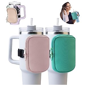 SAPYONY 2pcs Water Bottle Pouch For Stanley Quencher Adventure 40oz & Stanley IceFlow 20oz 30oz,tumbler pouch with Pocket, for Cards, Keys, Wallet, Earphone,Compact, Versatile(Khaki, Lake Green)
