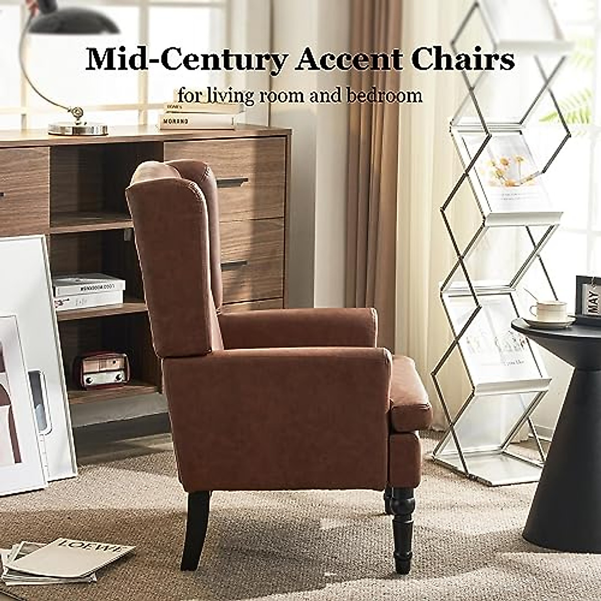 LOVSPATIO Faux Leather Accent Chair, Mid-Century Upholstered Living Room Chairs, Comfy Single Recliner Sofa with Arm and Wood Legs for Bedroom Waiting Room Office - Brown