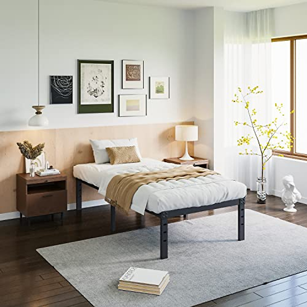 Auroral Zone Twin Bed Frame 14 Inches Tall 3 Inches Wide Wood Slats with Better Support for Foam Mattress No Sagging No Slip, No Box Spring Needed, Noise Free, Easy Assembly-Black