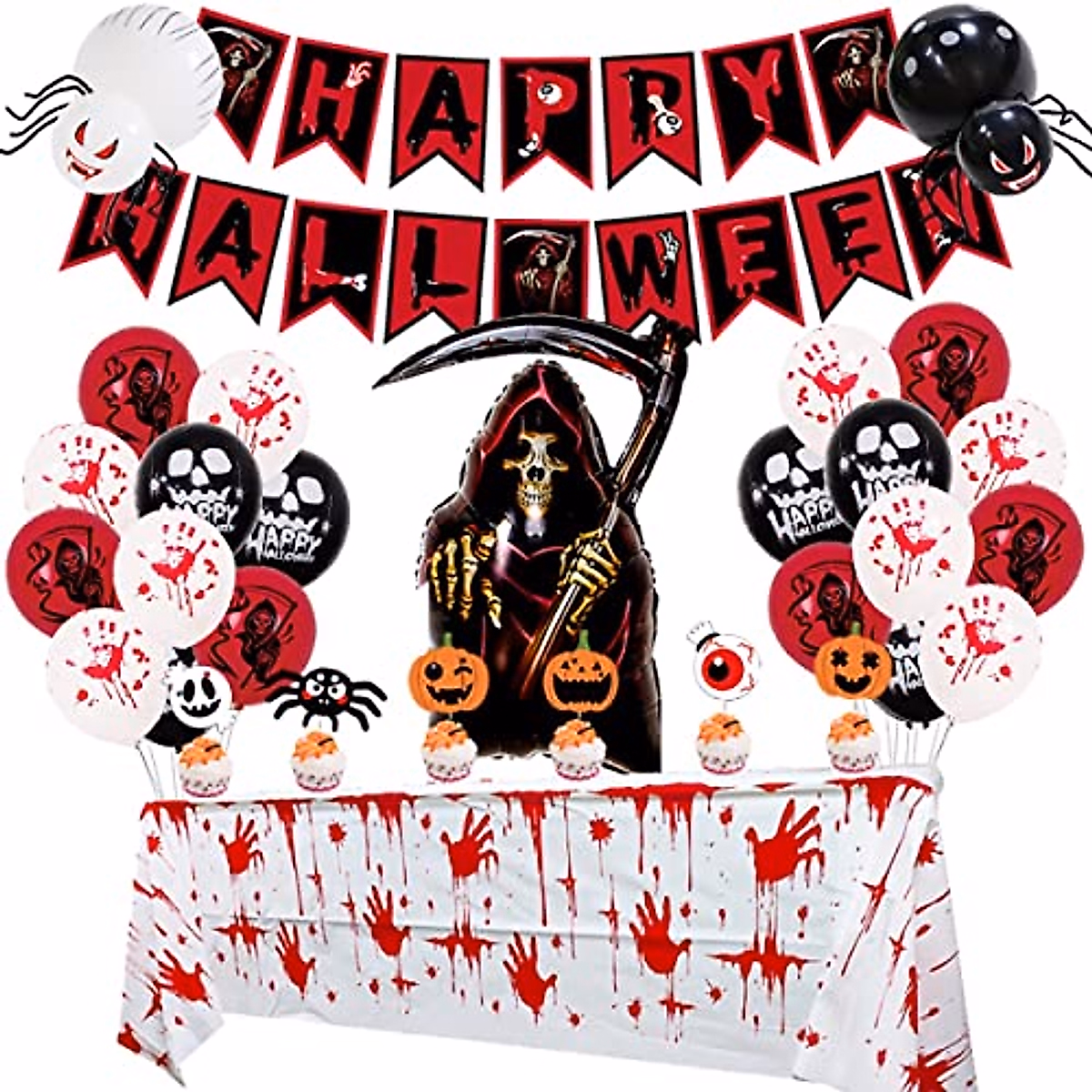 Halloween Decorations Spooky Halloween Decorations Party Supplies Includes Spider Scary Grim Reaper Balloons Bloody Happy Halloween Banner Backdrop for Indoor Outdoor Wall Window Party Decor, White