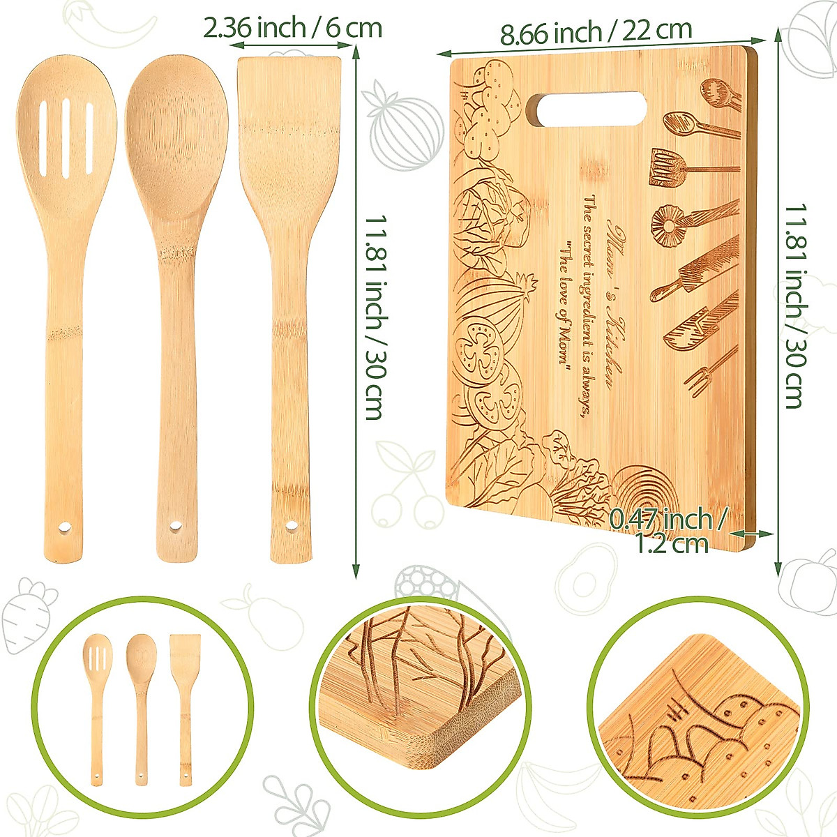 4 Pcs Wooden Cutting Board Spoons Utensils Set, Gifts for Mom Mothers Day Birthday Gifts 11 x 8.7 Inch Bamboo Cutting Board Spoons for Mom with Saying Mom's Kitchen Secret Is Love