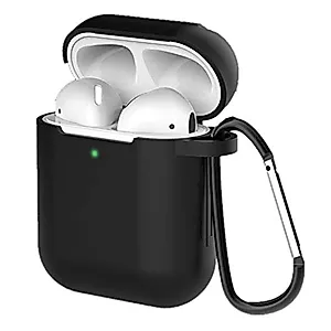 Silicone Case Compatible with Airpods 1 & 2, Shookproof Protective Silicone Wireless Charging Cover with Key Chain (Black)