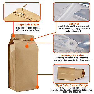 Coffee Bags with Valve (50 PCS,16oz/1lb) Kraft Paper High Barrier Aluminum Foil Flat Bottom Standing Coffee Beans Storage Packaging Bags,Reusable Heat Seal Side Zipper Pouches for Small Business&Home