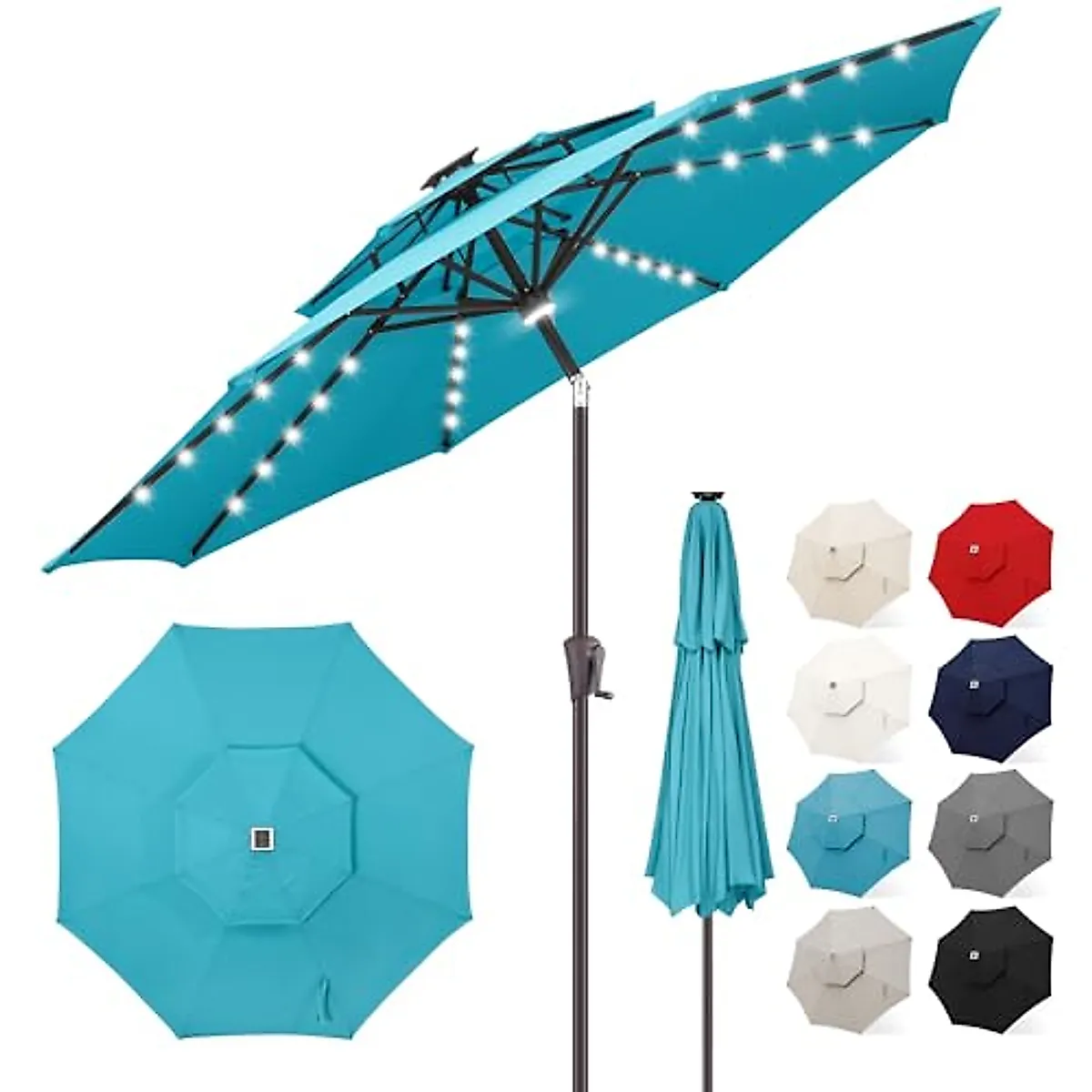 FLAME&SHADE 9 ft Double Top Solar Powered Outdoor Market Patio Table Umbrella with LED Lights and Tilt, Aqua Blue
