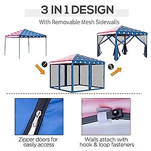 Outsunny 10' x 10' Pop Up Canopy Tent with Netting and Portable Carry Bag, Instant Sun Shelter, Tents for Parties, Height Adjustable, for Outdoor, Garden, Patio, American Flag