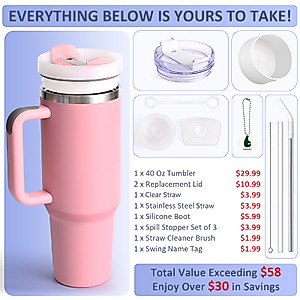 LiqCool 40 oz Tumbler with Handle 2 Straws and 2 Lids, Silicone Boot & Leak-proof Spill Stopper Set, Double Wall Vacuum Insulated Stainless Steel Tumbler Keep Cold 26H Cupholder Friendly(Pink)