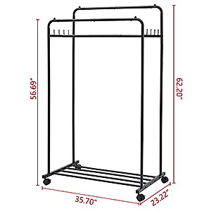 Hoctieon Double Rod Garment Rack,Clothes Rack on Wheels,Portable Clothing Racks for Hanging Clothes,Closet Hanger Rack with Shelves Black