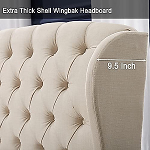 PaPaJet Queen Size Platform Bed Frame, Linen Curved Upholstered Bed with Shell Wingback Headboard/Deep Button Tufted/No Box Spring Needed/Beige