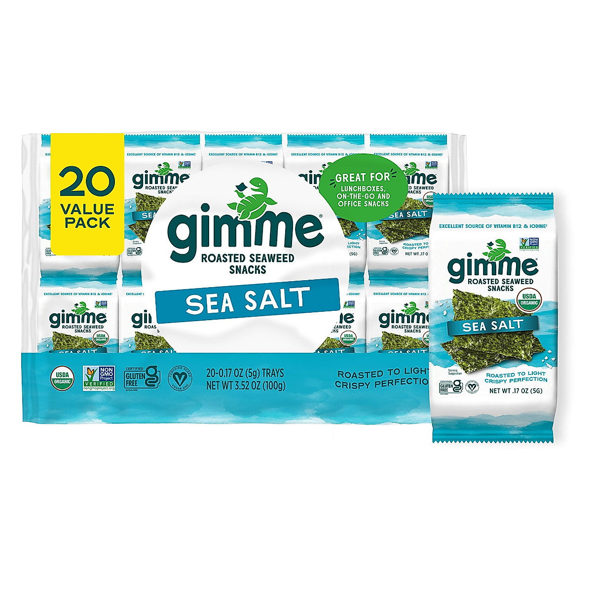 gimMe Organic Roasted Seaweed Sheets, Sea Salt, Keto, Vegan, Gluten Free, Great Source of Iodine and Omega 3’s, Healthy On-The-Go Snack for Kids & Adults, #1 Sea Salt, 0.17 Ounce (Pack of 20)
