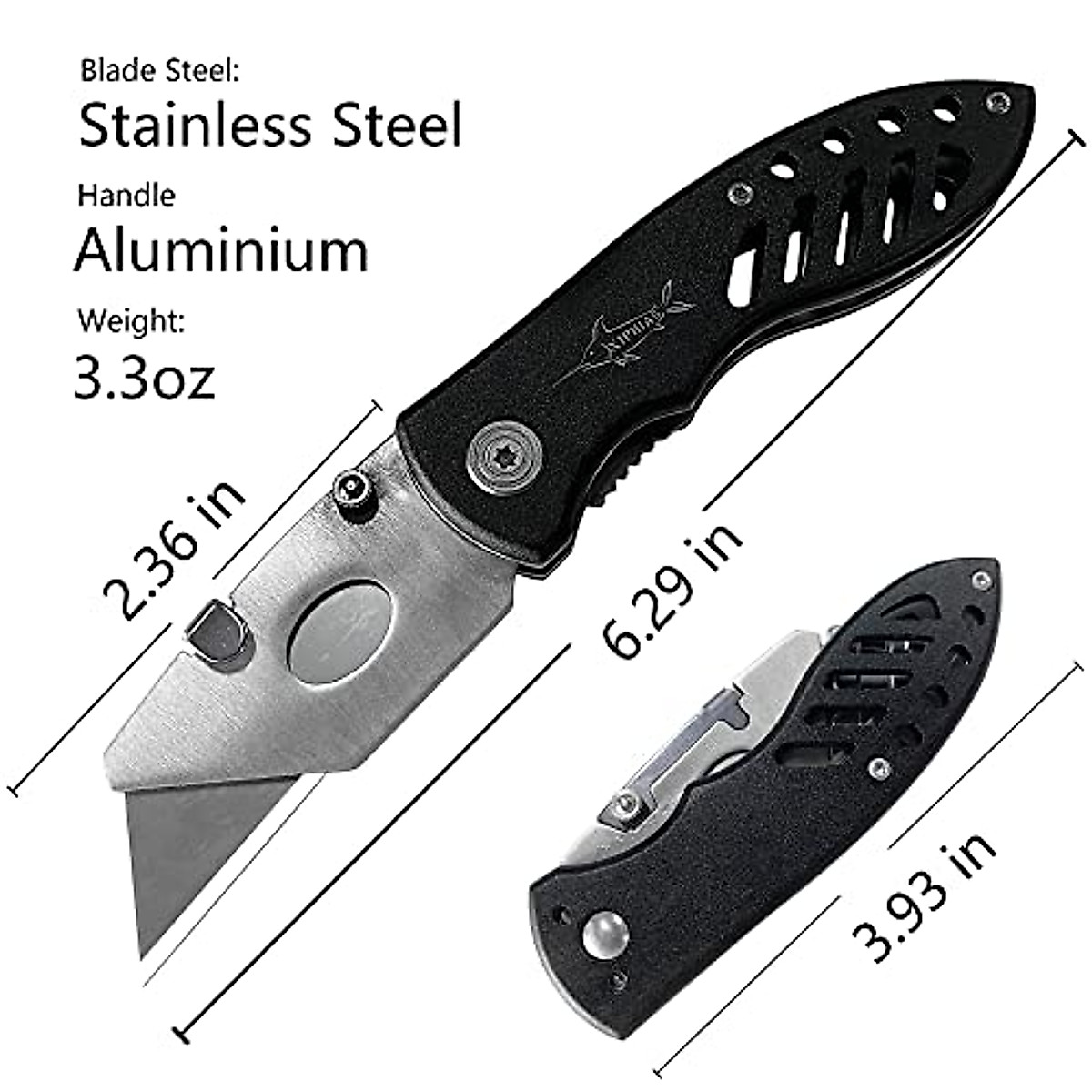 XIPHIAS 4" Utility Knife Stainless Steel Folding Pocket Knife, Quick-change Box Cutter with Extra 5 Blades, Pocket Clip, lanyard holes,UPK004