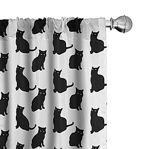 Ambesonne Cat Curtains, Black Cat on White Backdrop Playful Friendly Animals Posing Domestic Pets, Window Treatments 2 Panel Set for Living Room Bedroom, Pair of - 28" x 63", Black White