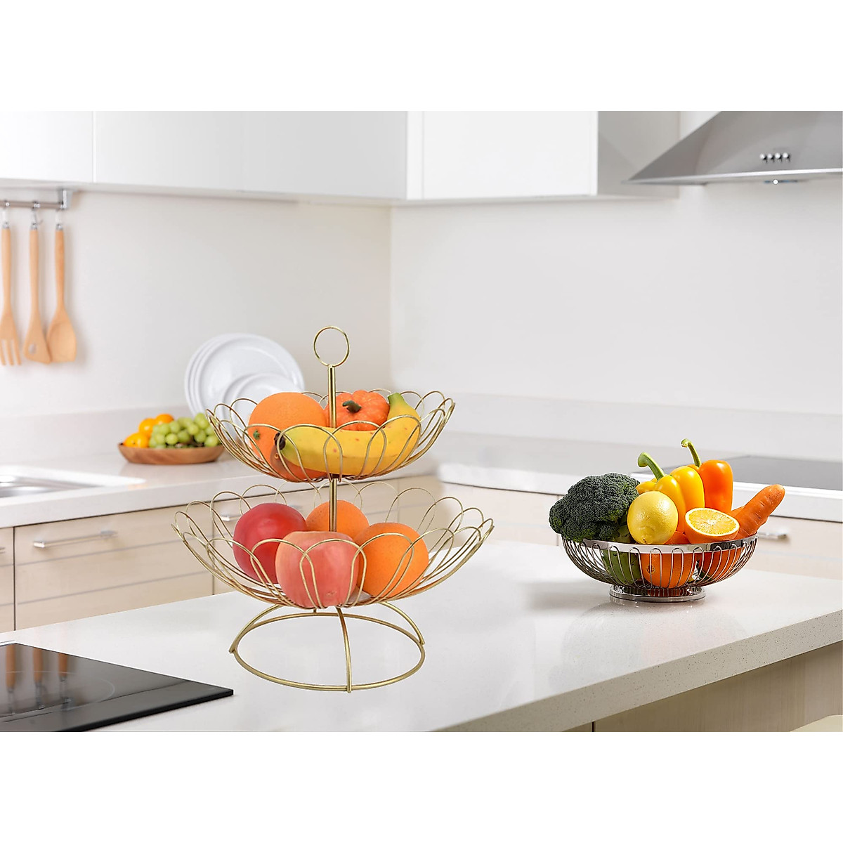 ACQTULOU 2 Tier Fruit Basket, Fruit Bowl, Vegetables Countertop Bowl Storage, Detachable and Hangable for Large Capacity Fruit Tray