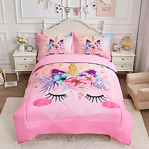 VIVILINEN Twin Size Bedding Set for Girls 3 Piece Pink Unicorn Kids Comforter Set Cartoon Unicorn Flowers Quilt Set Bed in A Bag Lightweight Duvet Bed Set for Kids Teen Girls Women with 2 Pillowcases