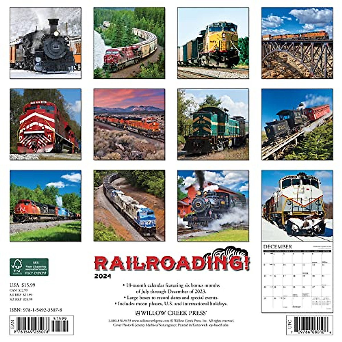 Willow Creek Press Railroading Monthly 2024 Wall Calendar (12" x 12")