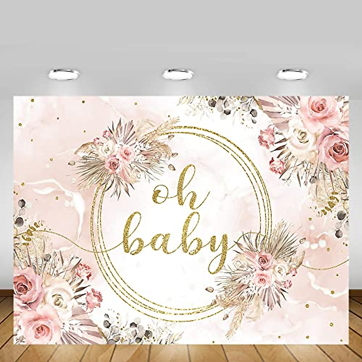 MEHOFOND 7x5ft Oh Baby Backdrop for Girls Baby Shower Boho Pampas Blush Pink Floral Background Newborn Portrait Gold Glitter Sequins Dots Leaves Decorations Newborn Studio Photo Props
