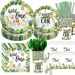 FVABO Wild One Birthday Decorations Tableware - Safari Birthday Decorations Including Plates, Cups, Napkins, Tablecloth, Straws, Cutlery, Animal Jungle Theme Wild One Party Supplies | Serve 24