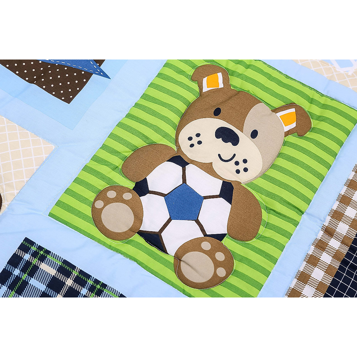 3 PCs Blue Sports Theme Nursery Crib Bedding Set Baby Boy Embroidery Puppy Sport Themed Baby Boy Cot Bedding Set 1 Quilt 1 Fitted Sheet 1 Diaper Storage Bag