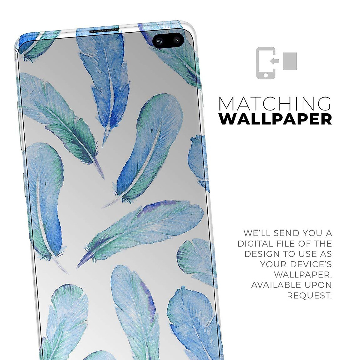 DesignSkinz Blue Watercolor Feather Pattern Protective Vinyl Decal Wrap Skin Cover Compatible with The Samsung Galaxy S20 (Screen Trim & Back Glass Skin)