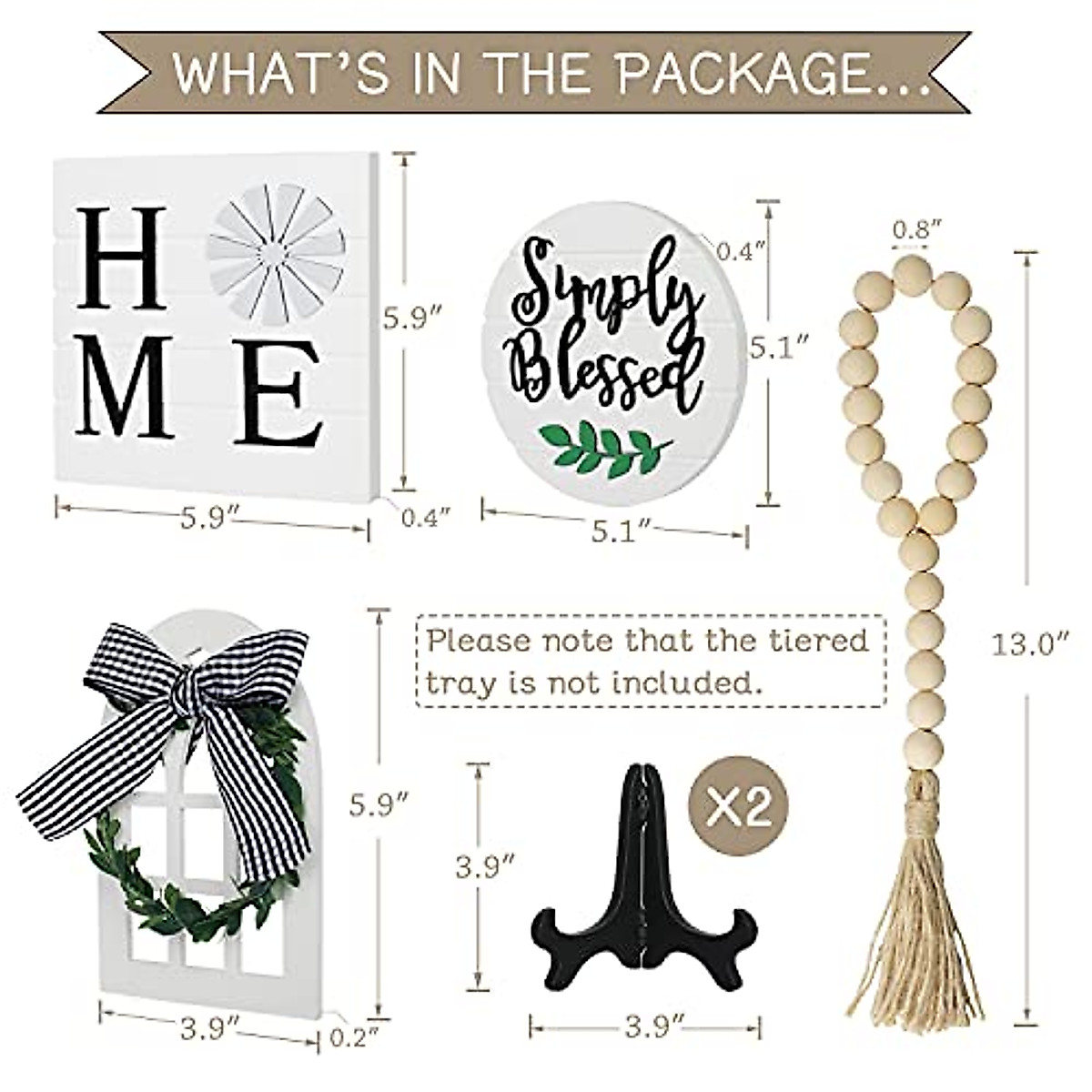 LIBWYS 6 Pcs Farmhouse Decors for Tiered Tray Farmhouse Home Decor Tiered Tray Decor Items Mini Signs Simply Blessed Home Windmill Wooden Beads Garland Rustic Kitchen Decor