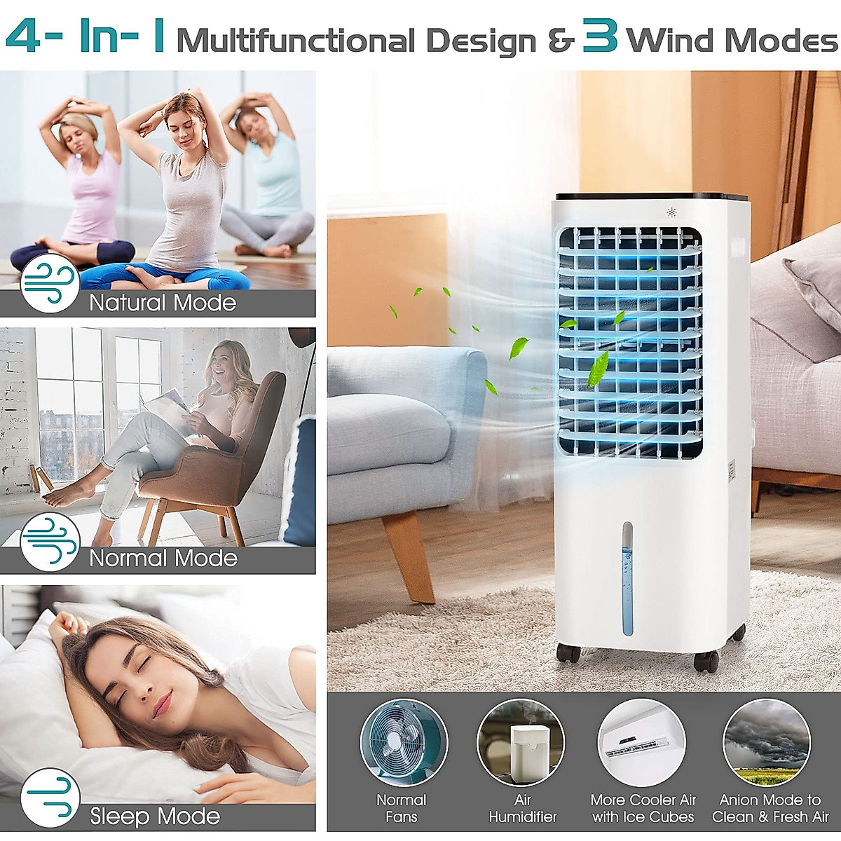 COSTWAY Evaporative Cooler, 4-In-1 Bladeless Cooler with 4 Modes, 3 Speeds, Timer, 12L Water Tank, LED Display, Portable Air Cooler with Remote Control 4 Ice Packs for Indoor Use, Bedroom, White