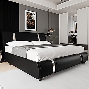 TTVIEW Modern Faux Leather Upholstered Platform Bed Frame with Iron Metal Decor, Adjustable Curved Headboard, Wooden Slats Support, No Box Spring Needed, Queen Size, Black