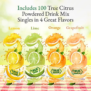 True Lemon, True Lime, True Orange, True Grapefruit, Varrirty Pack 100 Count, On-The-Go Powdered Drink Mix Variety Pack, Zero Calorie Unsweetened Water Flavoring, Each Packet Fits Into a 16.9 oz. Bottle or Cup