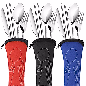 Arroyner 3 Pack Reusable Flatware Sets Knife, Fork, Spoon, Chopsticks, 12Pcs Portable Travel Stainless Steel Tableware Dinnerware with Carrying Case