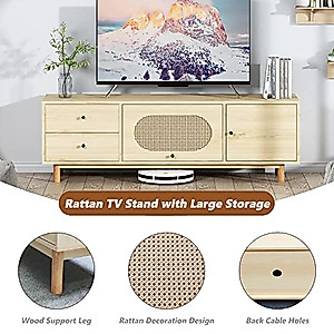 AWQM Rattan TV Stand for 70 Inch TV, Entertainment Center Cabinet with 2 Drawers and Cabinet Storage, Farmhouse TV Console Table for Living Room or Media Room, Oak