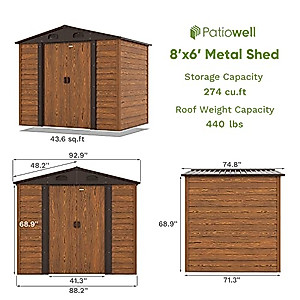 Patiowell 8x6 FT Wood Look Outdoor Storage Shed,Garden Tool Storage Shed with Sloping Roof and Double Lockable Sliding Door, Metal Shed for Garden Backyard Patio Lawn