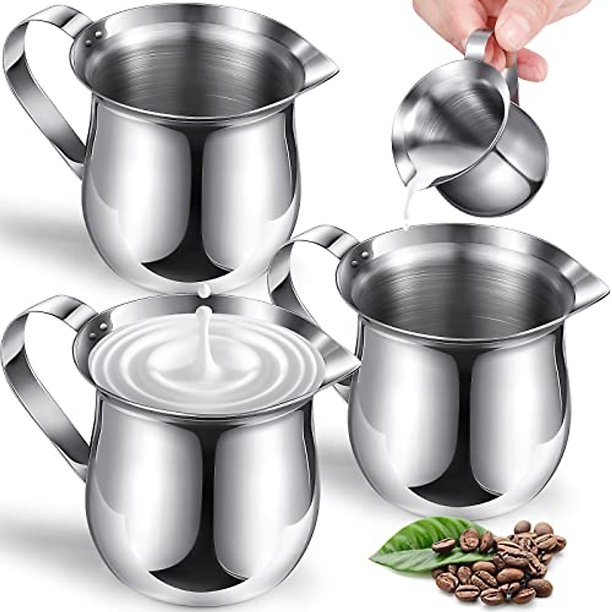 Potchen 24 Pack Stainless Steel Bell Creamers 3 Ounce Creamer Pitcher Mini Coffee Milk Pitchers with Handle and Pouring Spout Cups for Serving Espresso, Tea, Milk, Jam, Maple Syrup, Sauce